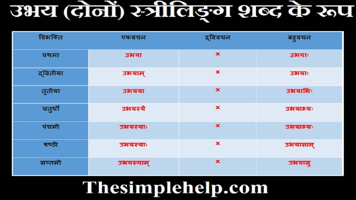 उभय (दोनों) स्‍त्रीलिङ्ग शब्द रूप | ubhay s‍treeling shabd roop in sanskrit