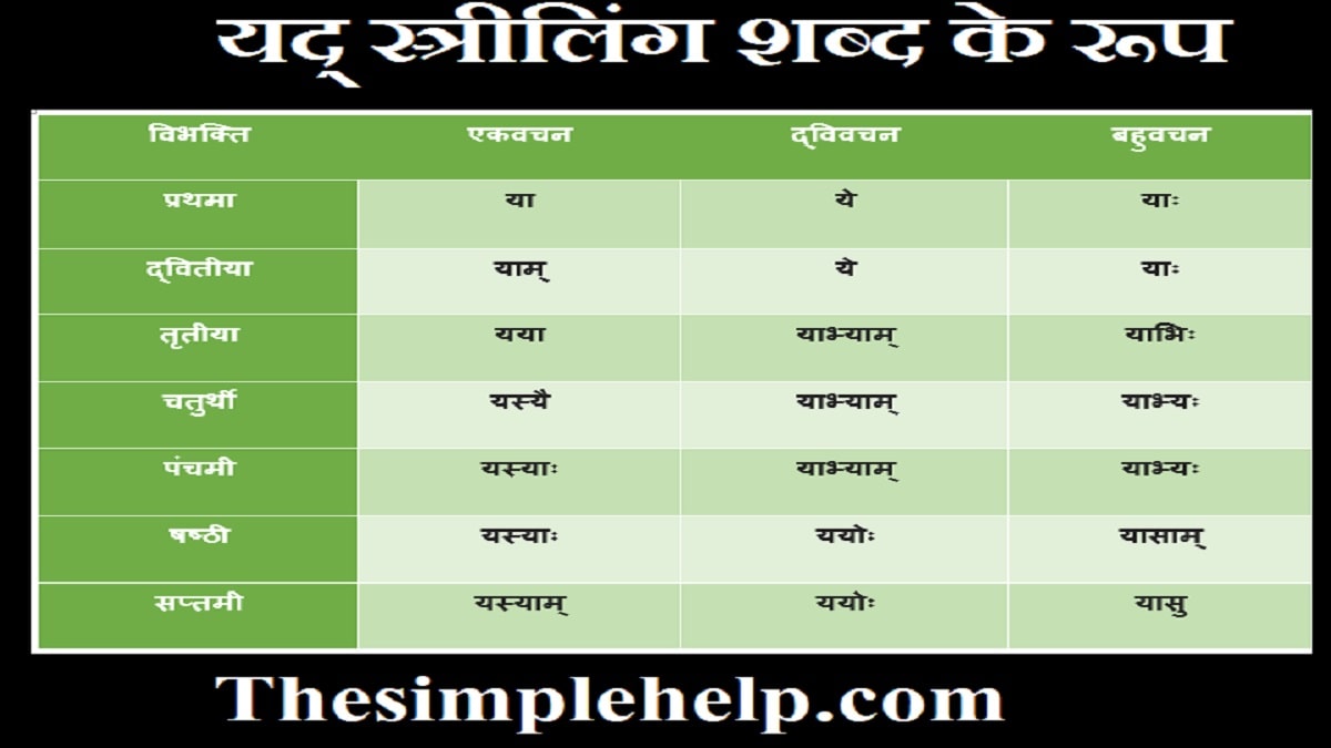 यद् शब्द के स्त्रीलिंग शब्द रूप | Yad shabd ke Striling shabd roop in ...